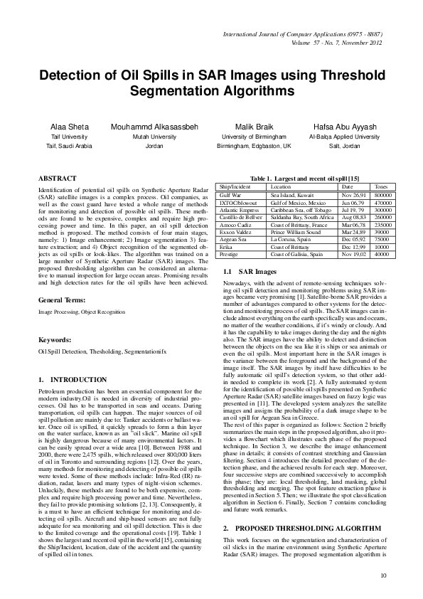 Pdf Detection Of Oil Spills In Sar Images Using Threshold Segmentation Algorithms