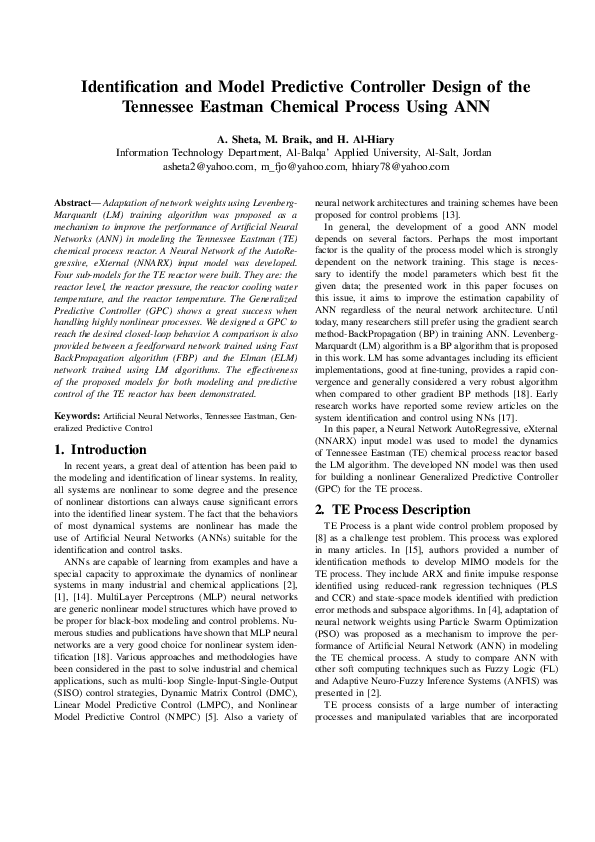 (PDF) Identification and Model Predictive Controller Design of the Tennessee Eastman Chemical ...