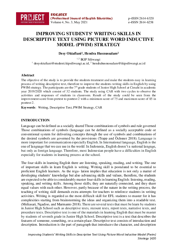 (PDF) Improving Students’ Writing Skills in Descriptive Text Using Picture Word Inductive Model ...