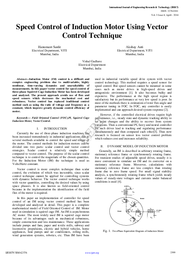 Pdf Speed Control Of Induction Motor Using Vector Control Technique