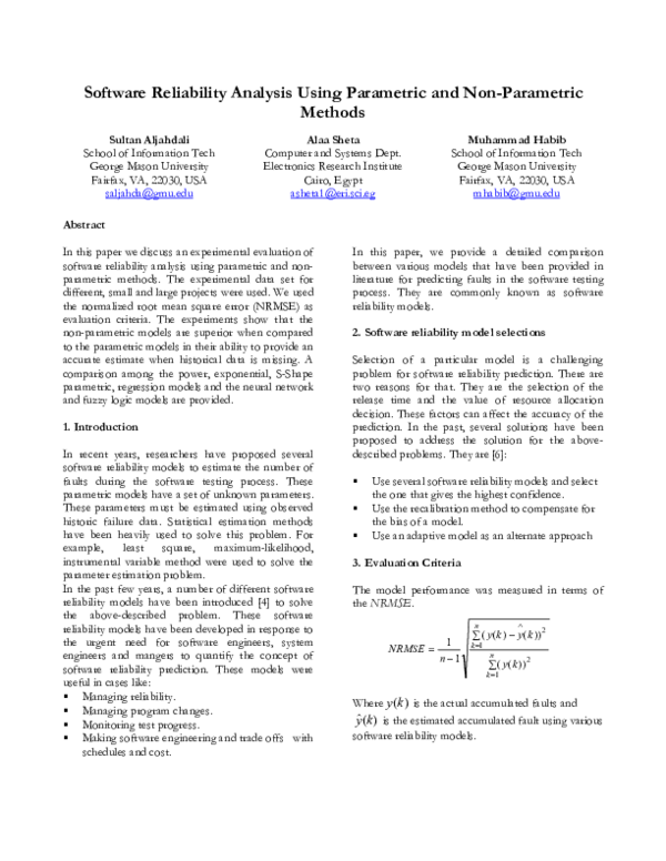 Pdf Software Reliability Analysis Using Parametric And Non Parametric