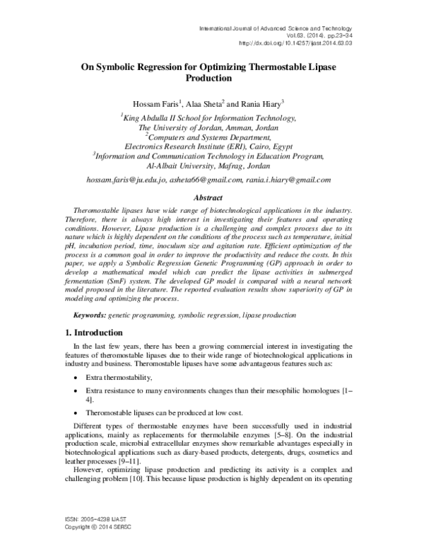 (PDF) On Symbolic Regression for Optimizing Thermostable Lipase Production