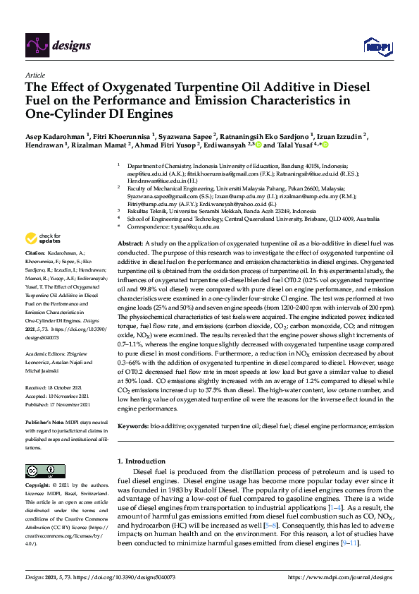 (PDF) The Effect of Oxygenated Turpentine Oil Additive in Diesel Fuel ...
