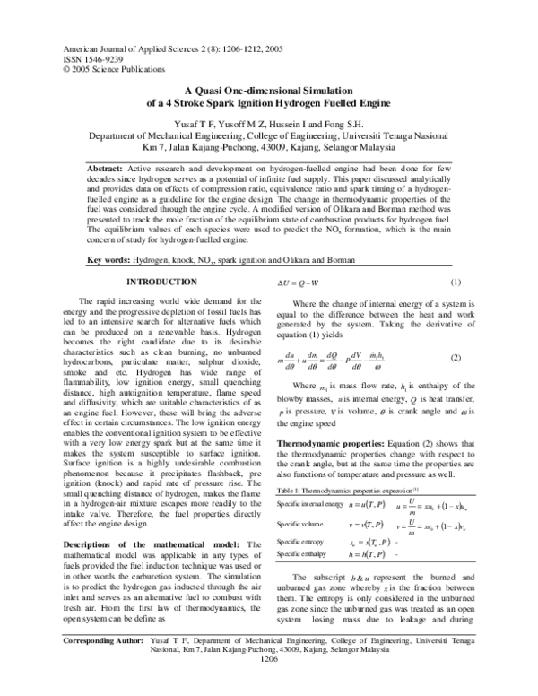 Pdf A Quasi One Dimensional Simulation Of A 4 Stroke Spark Ignition