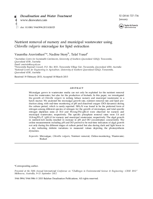 (PDF) Nutrient removal of nursery and municipal wastewater using Chlorella vulgaris microalgae ...