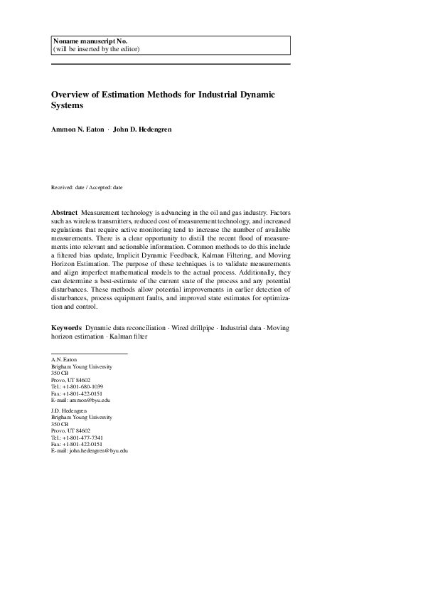 (PDF) Overview of estimation methods for industrial dynamic systems