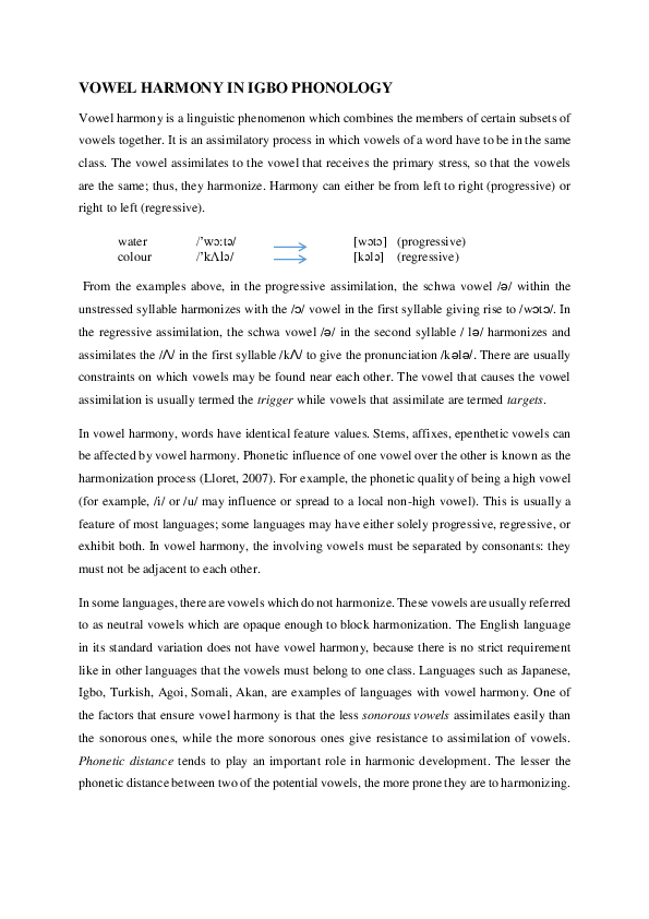 (PDF) VOWEL HARMONY IN IGBO PHONOLOGY