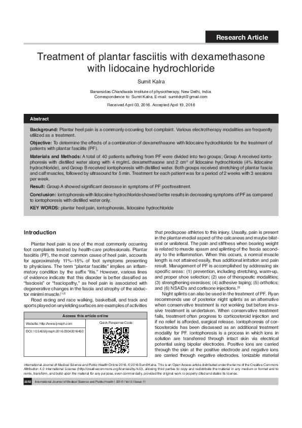 Pdf Treatment Of Plantar Fasciitis With Dexamethasone With Lidocaine Hydrochloride