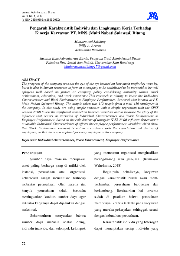 (PDF) Pengaruh Karakteristik Individu Dan Lingkungan Kerja Terhadap Kinerja Karyawan PT Vimtech ...