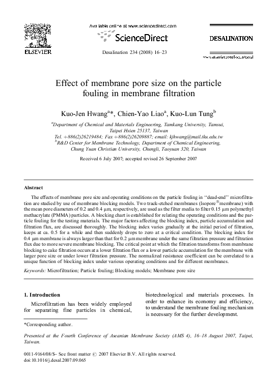 Pdf Effect Of Membrane Pore Size On The Particle Fouling In Membrane
