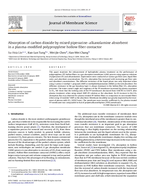 (PDF) Absorption of carbon dioxide by mixed piperazine–alkanolamine absorbent in a plasma ...