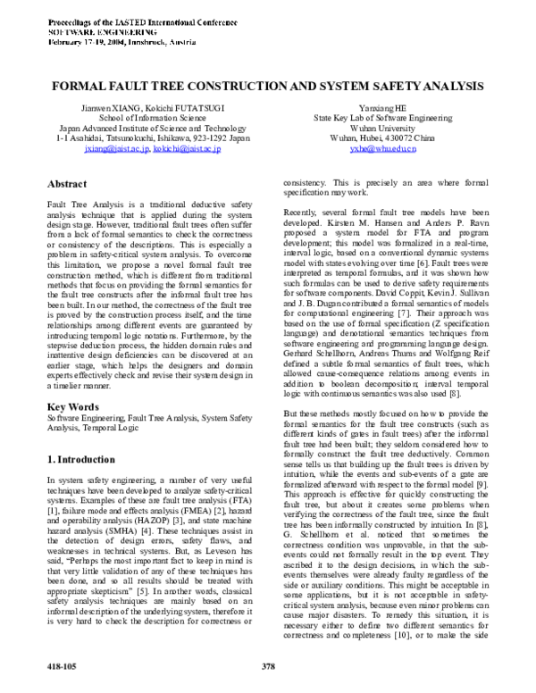 (PDF) Formal fault tree construction and system safety analysis
