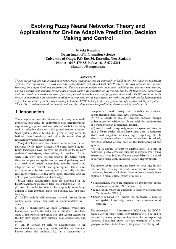 (PDF) Evolving Fuzzy Neural Networks for Adaptive Systems