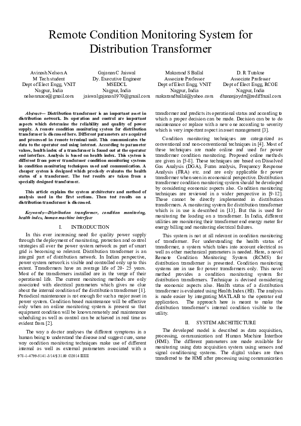 (PDF) Remote condition monitoring system for distribution transformer (PDF) Remote condition monitoring system for distribution transformer