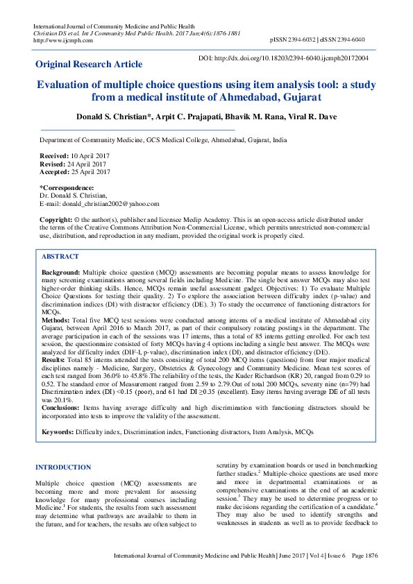 (PDF) Evaluation of multiple choice questions using item analysis tool: a study from a medical ...