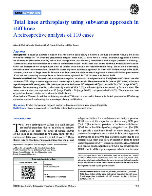(PDF) Total knee arthroplasty using subvastus approach in stiff knee: A ...