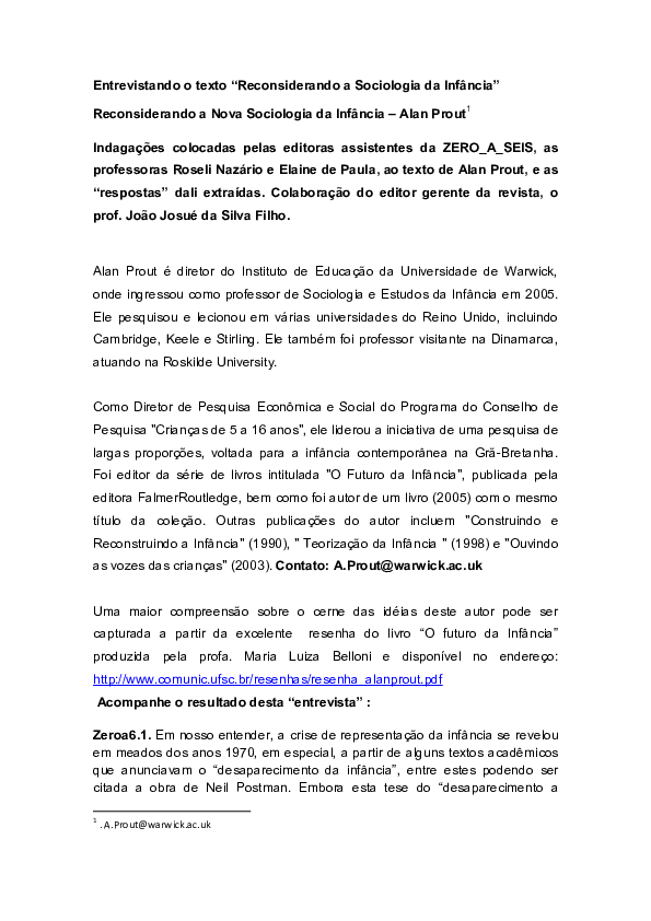 Entrevistando o prof. Alan Prout através de seu texto: "Reconsiderando ...