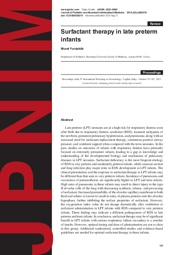 (PDF) Surfactant therapy in late preterm infants