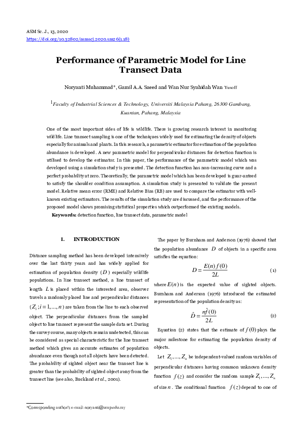 Pdf Performance Of Parametric Model For Line Transect Data