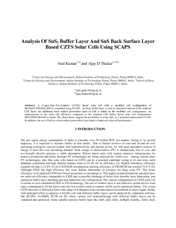 (PDF) Analysis Of SnS2 Buffer Layer And SnS Back Surface Layer Based CZTS Solar Cells Using SCAPS