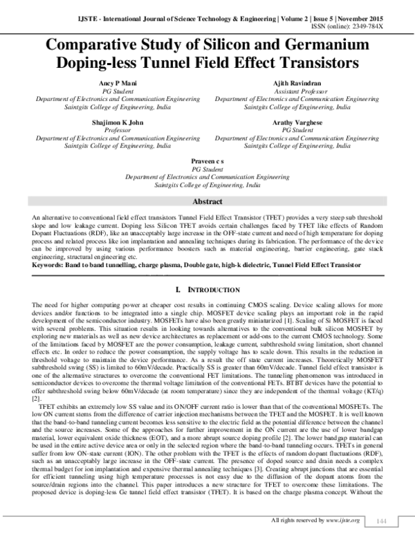 (PDF) Comparative Study of Silicon and Germanium Doping-less Tunnel Field Effect Transistors