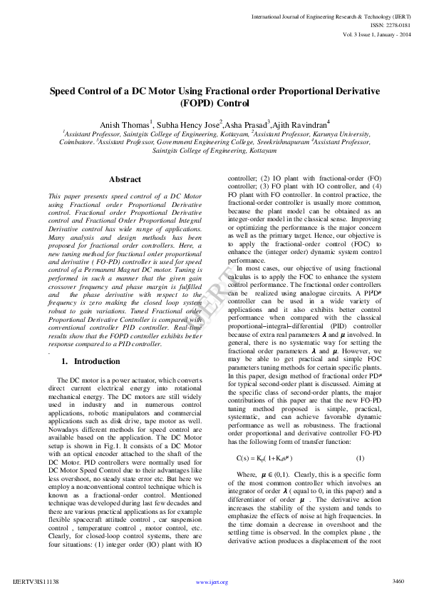 Pdf Speed Control Of A Dc Motor Using Fractional Order Proportional