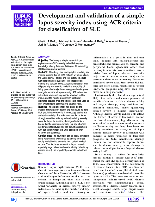 (PDF) Development and validation of a simple lupus severity index using ...