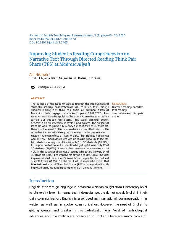 (PDF) Improving students’ reading comprehension on narrative text using narrative video