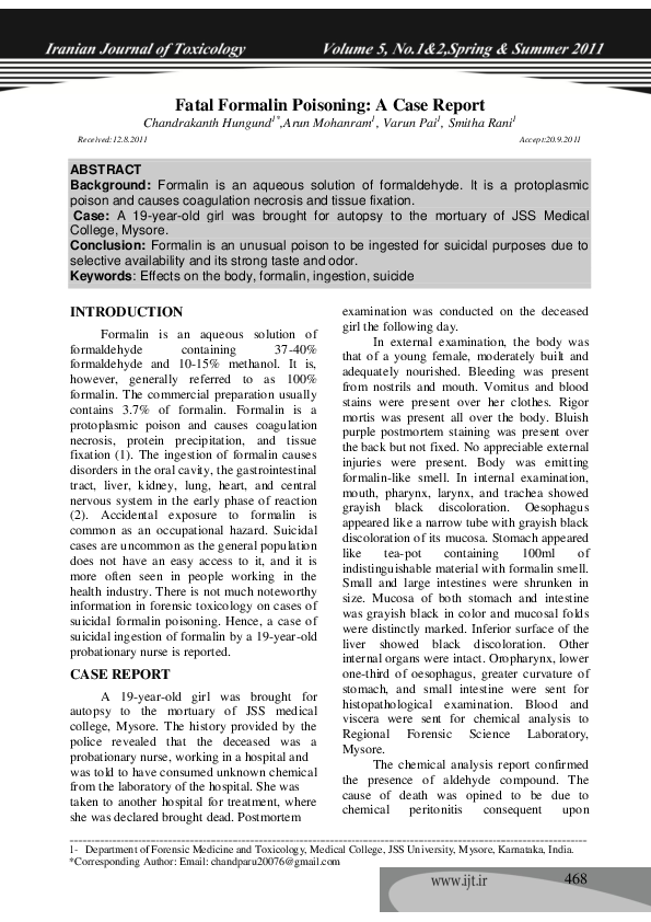 (PDF) Fatal Formalin Poisoning: A Case Report