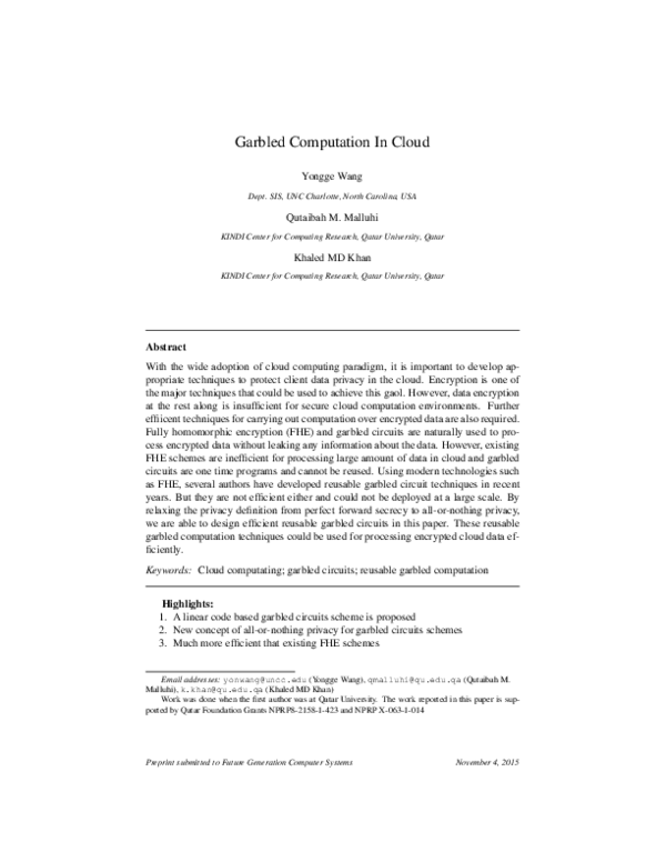 (PDF) Garbled computation in cloud