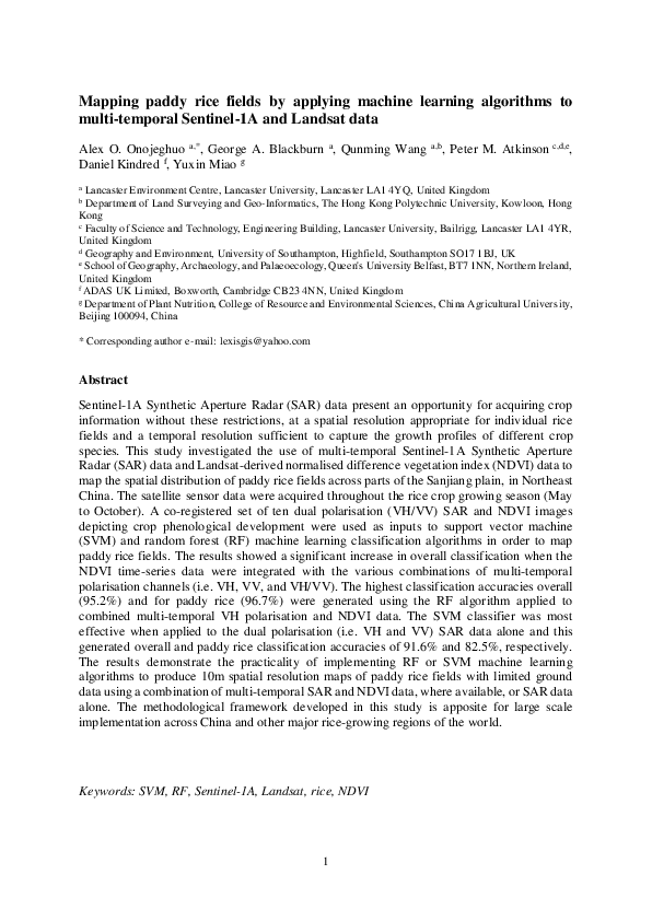Pdf Mapping Paddy Rice Fields By Applying Machine Learning Algorithms