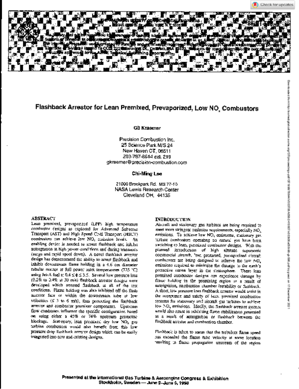 (PDF) Flashback Arrestor for Lean Premixed, Prevaporized, Low NOx Combustors