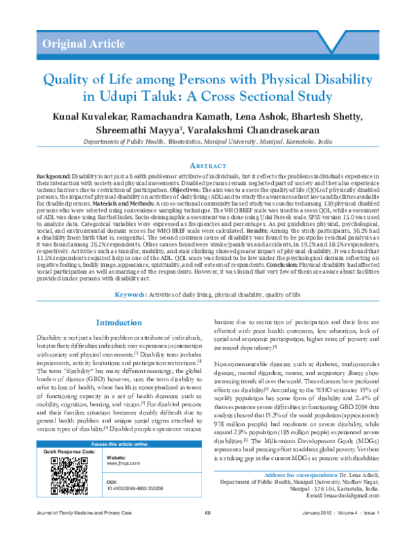 (PDF) Quality of life among persons with physical disability in udupi ...