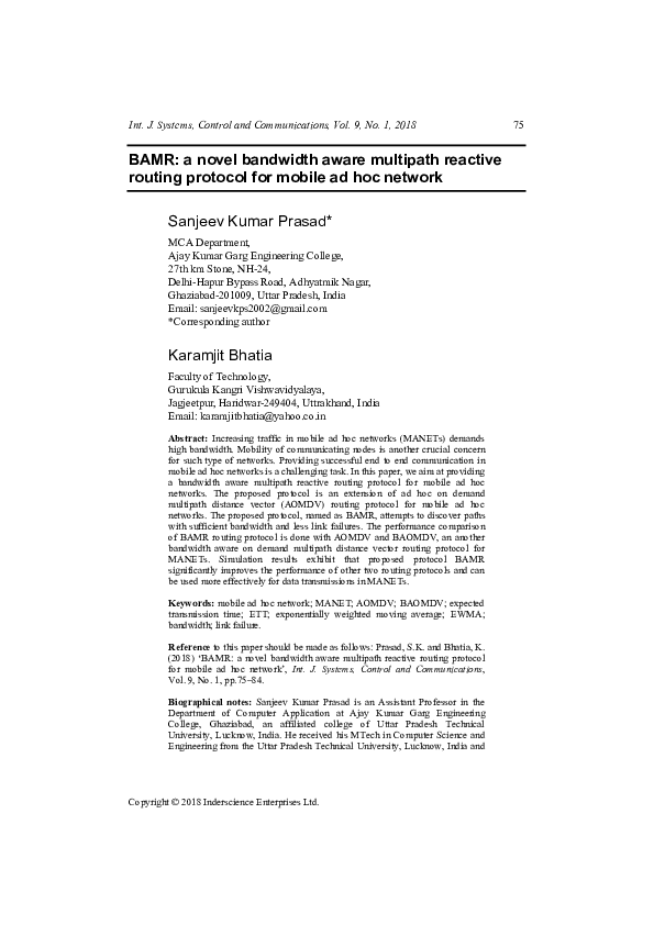 Pdf Bamr A Novel Bandwidth Aware Multipath Reactive Routing Protocol For Mobile Ad Hoc Network