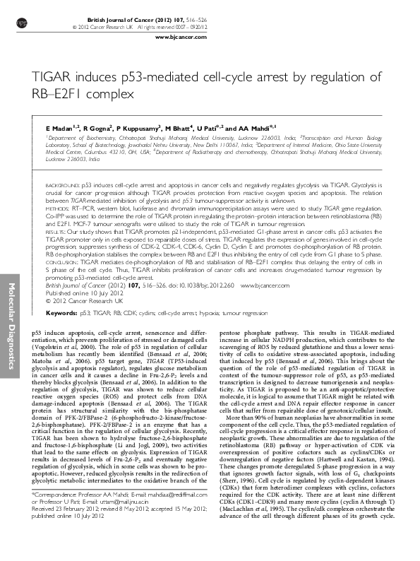 (PDF) TIGAR induces p53-mediated cell-cycle arrest by regulation of RB-E2F1 complex