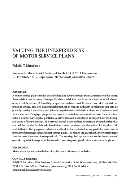 (PDF) Valuing the Unexpired Risk of Motor Service Plans