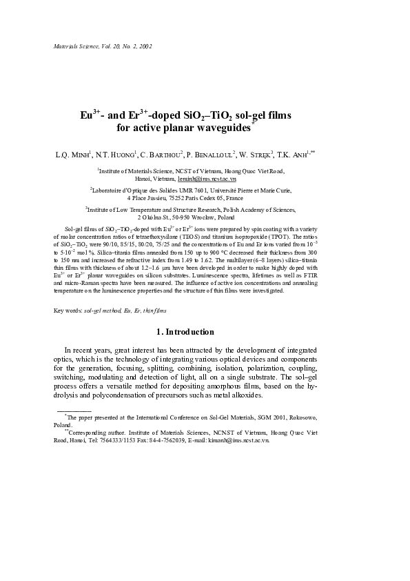 (PDF) Eu3+-and Er3+-doped SiO2 TiO2 sol-gel films for active planar ...