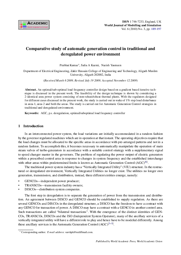 (PDF) Comparative study of automatic generation control in traditional and deregulated power ...