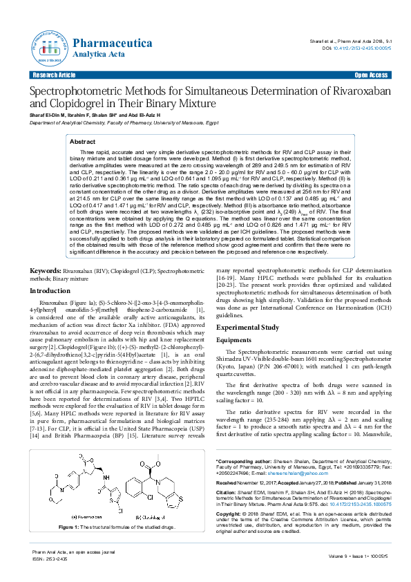 (PDF) Spectrophotometric Methods for Simultaneous Determination of Rivaroxaban and Clopidogrel ...