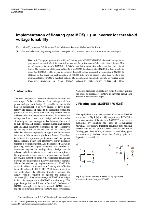 Pdf Implementation Of Floating Gate Mosfet In Inverter For Threshold