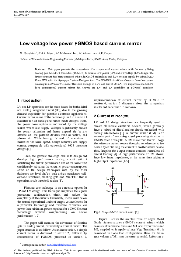 (PDF) Low voltage low power FGMOS based current mirror