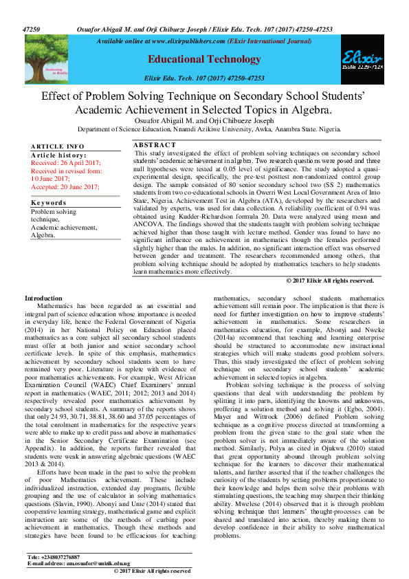 (PDF) Effect of Problem Solving Technique on Secondary School Students ’ Academic Achievement in ...