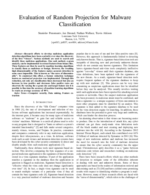 (PDF) Random Projection for Enhanced Malware Classification