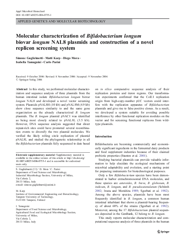 (PDF) Characterization of Bifidobacterium longum Plasmids