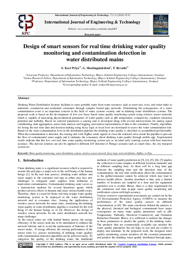 Pdf Design Of Smart Sensors For Real Time Drinking Water Quality Monitoring And Contamination