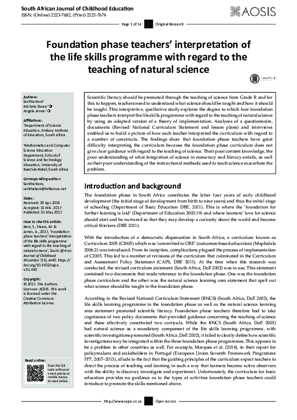 (PDF) Foundation phase teachers’ interpretation of the life skills ...
