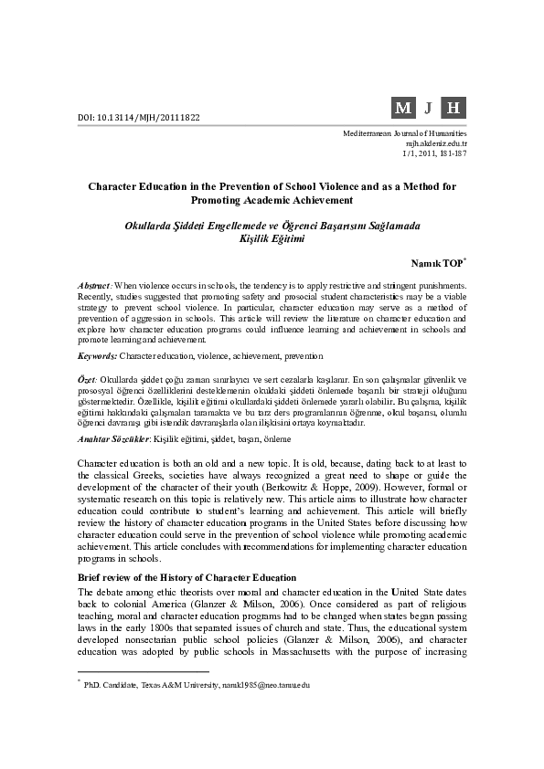 (PDF) Character Education in the Prevention of School Violence and as a ...