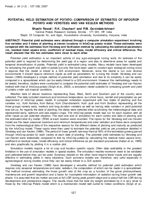 (PDF) Potential Yield Estimation of Potato: Comparison of Estimates of ...