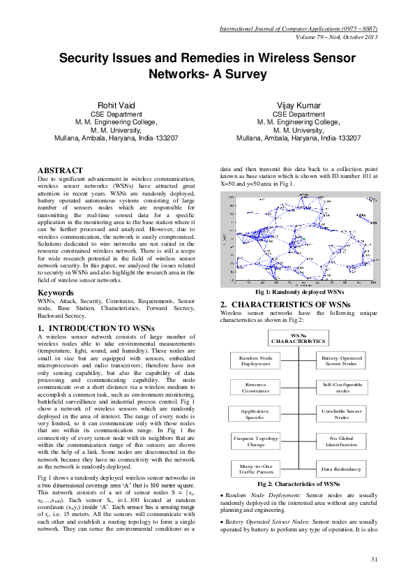 (PDF) Security Issues and Remidies in Wireless Sensor Networks- A Survey