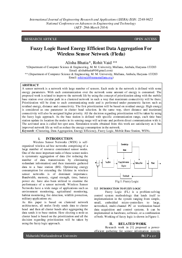 Pdf Fuzzy Logic Based Energy Efficient Data Aggregation For Wireless
